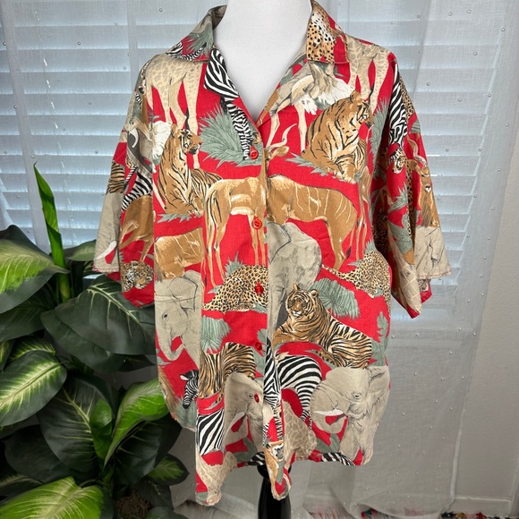 Vintage | Tops | Vintage Avanti Jungle Safari Animal Print Red Button ...
